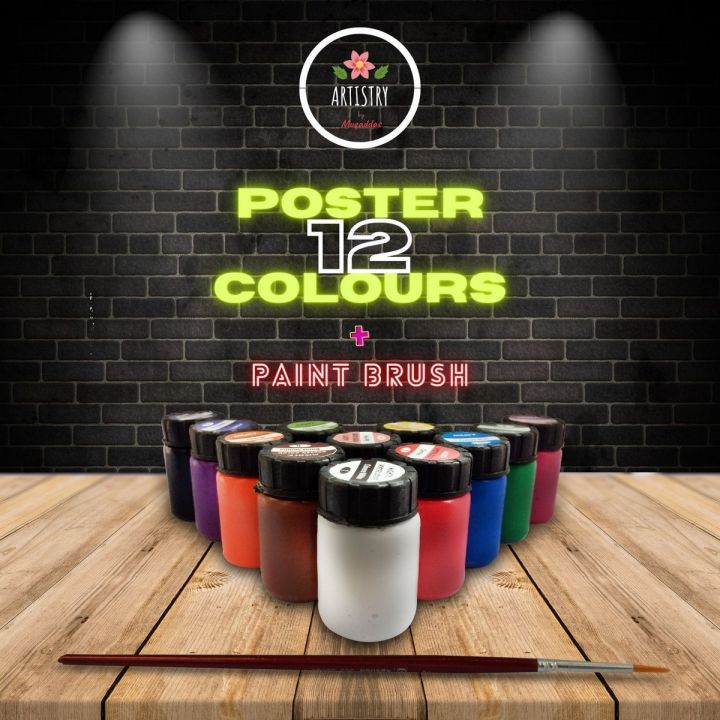 Pack of 12 Poster colours Paint + 1 Paint Brush Set of 12 Poster Color ...