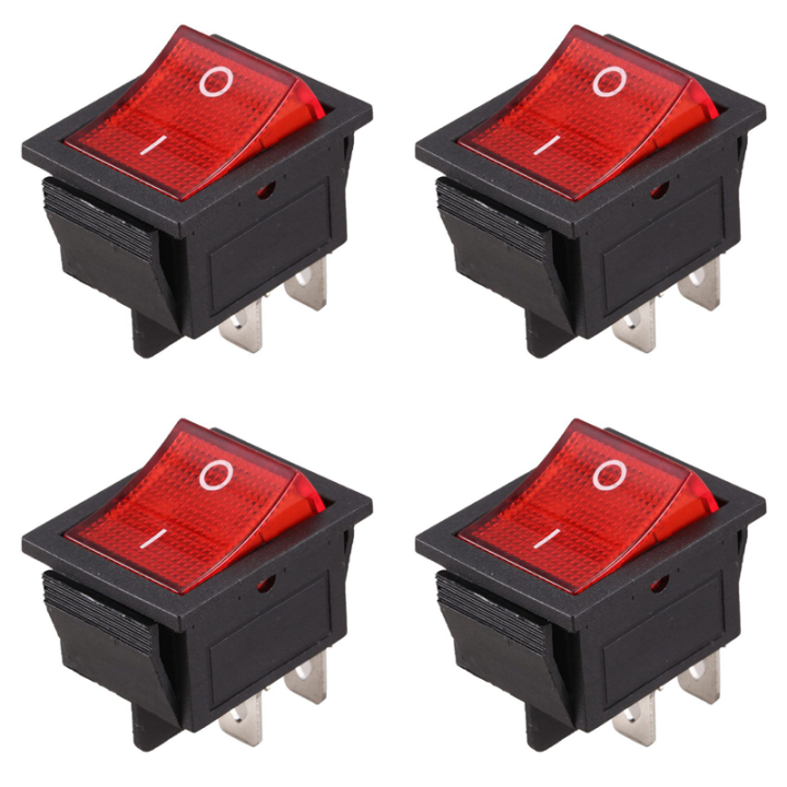 4X Red Light Illuminated 4 Pin DPST ON/OFF Snap in Rocker Switch 16A ...