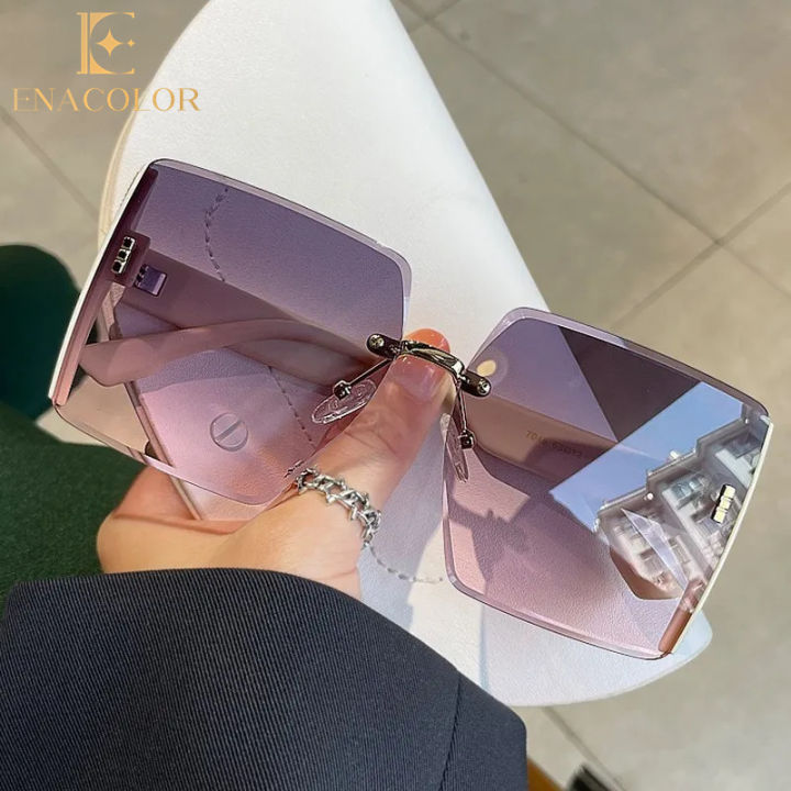 Enacolor Big Square Rimless Cut Edge Sunglasses Sun Glasses Women Ins ...