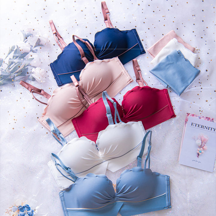 Women Pink Green Lace Trim Bow Padded Bras Bralette Cotton Panties Push ...