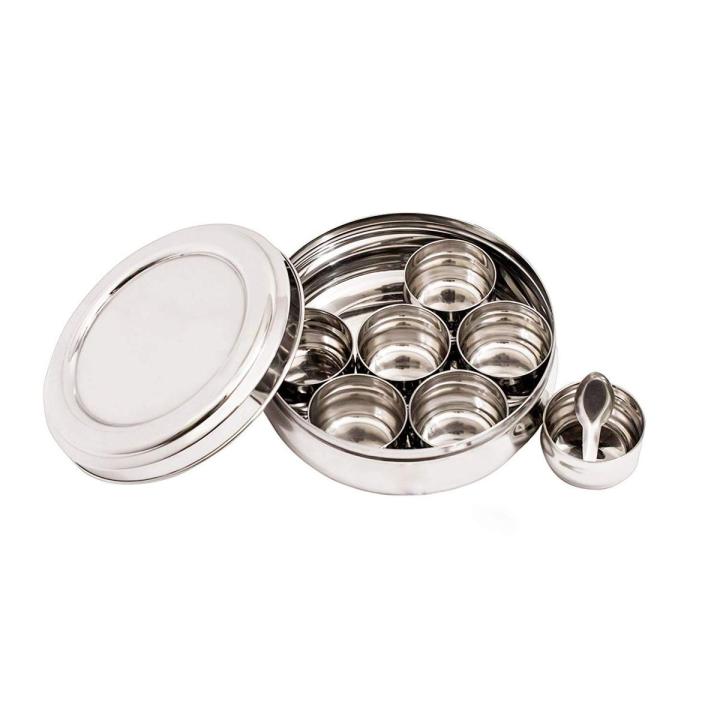 7 Partitions Spices Box Masala Dabba Kitchen Container with Spoon NON ...