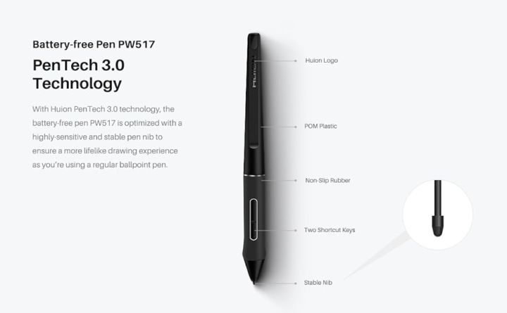 HUION Battery-Free Stylus Digital Pen PW517 for Kamvas 13, Kamvas Pro ...
