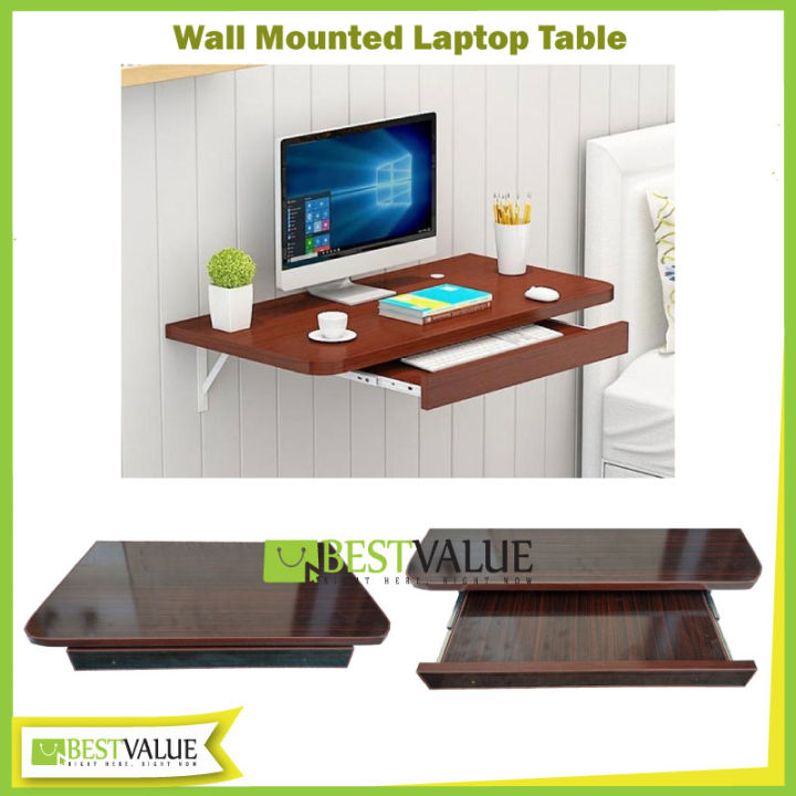 Wall Mounted Laptop Table Computer Desk Wooden Shelf With Keyboard Tray ...