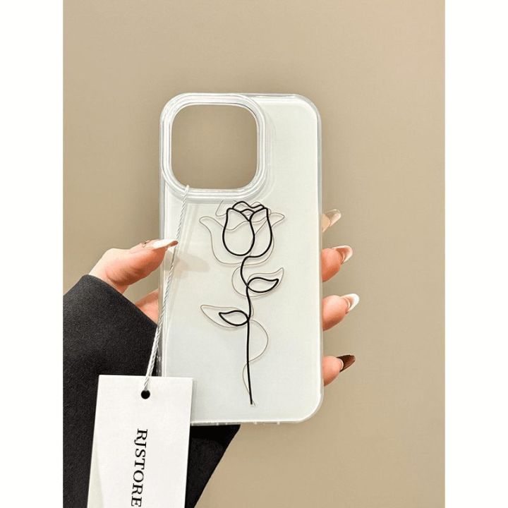 Thick and thin black line rose for apple 15 PROMAX case iPhone 17 art ...