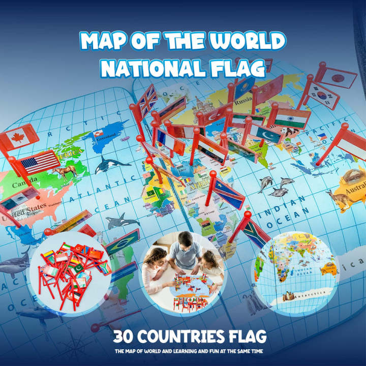 Wooden World Map With Recognition 30 Countries Flags Educational ...