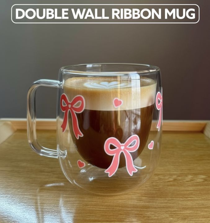 Pink Bow Coffee Mug Tea Cup | Heat-Resistant Double wall Borosilicate ...