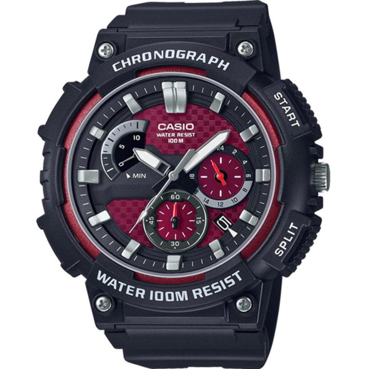CASIO RED CHRONOGRAPH DIAL WITH BLACK LEATHER STRAP MEN'S WATCH - MCW ...