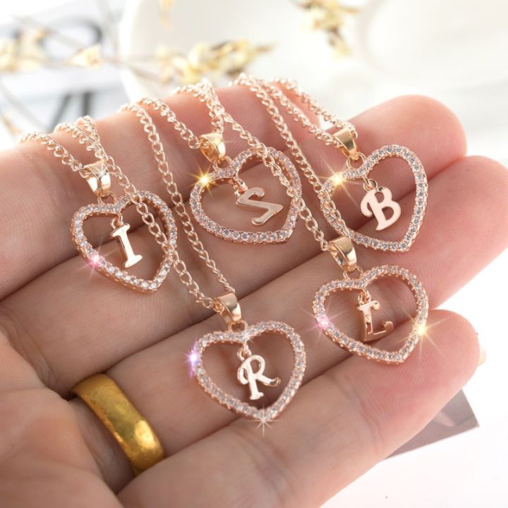 Womens Jewelry Name Initials Heart Pendant Necklace 26 Letters Love ...