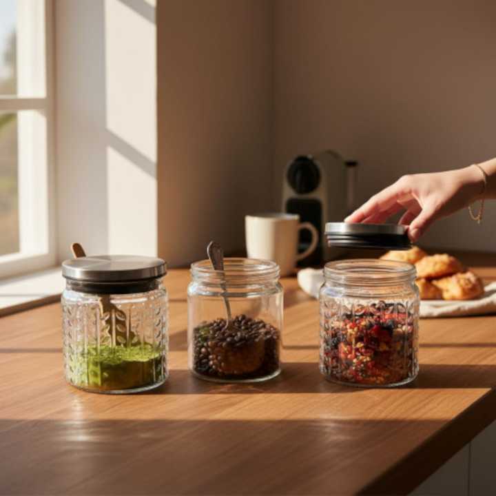 Set of 3 Glass Jar 500 - 250 ml, Round Glass Jar, Spice Jar, Storage ...