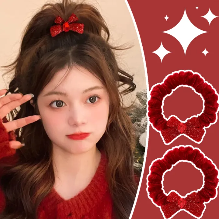 1pcs New Year Red Rhinestone Bow Head Rope Hair Band Elastic Bun ...