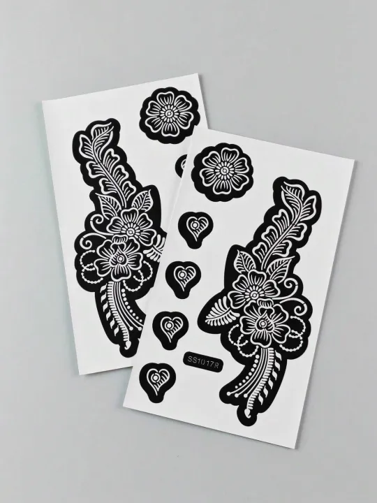 2 Sheets Hand Flower Henna Tattoo Stencil Stickers Flora Adhesive ...