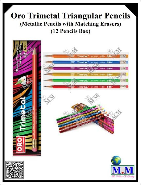 Oro Trimetal Triangular Pencil (Metallic Pencil Matching Erasers) (12 ...