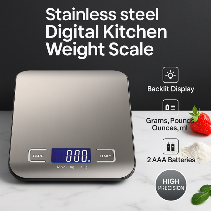 5kg Digital Kitchen Scale | Stainless Steel Food Weighing Scale with ...