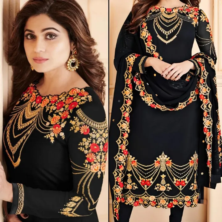 Women Chiffon Crinkle Embroidered Black Shalwar Kameez HS-198 (Unstitched) | Daraz.pk