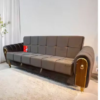 Sofa Combed 3 Seater Brown Valvet wood style front Stylish Design ...