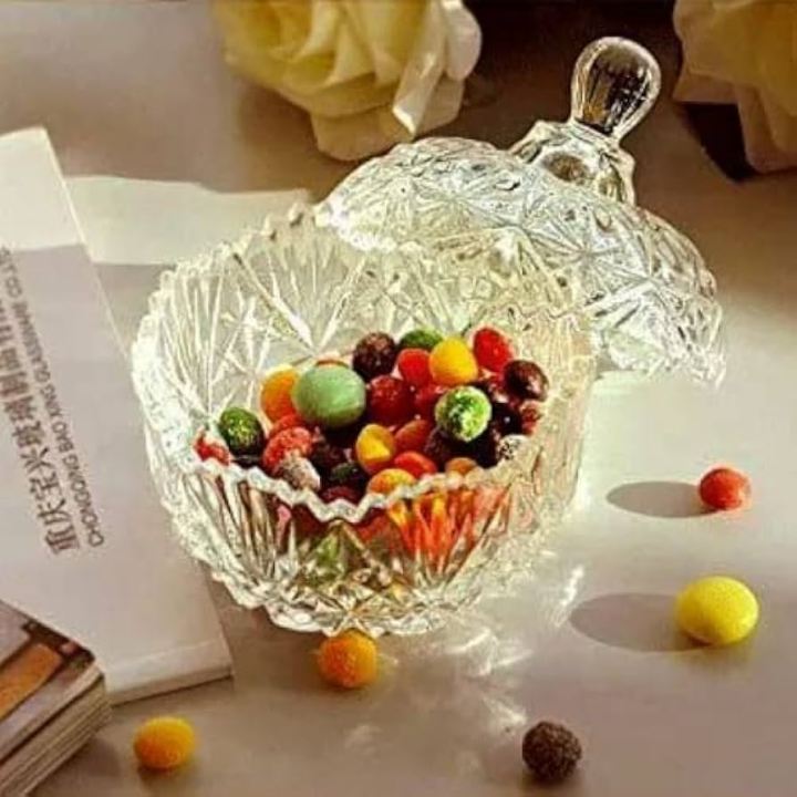 Crystal Clear Decorative Glass Candy || Dry Fruit Bowl 300 ml with Lid ...