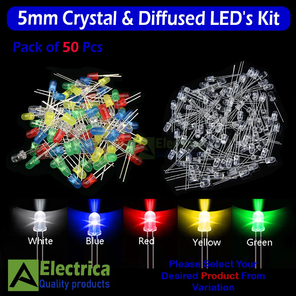 Pack of 50 20mA 5mm Crystal & Diffused Red Green Yellow Blue White ...