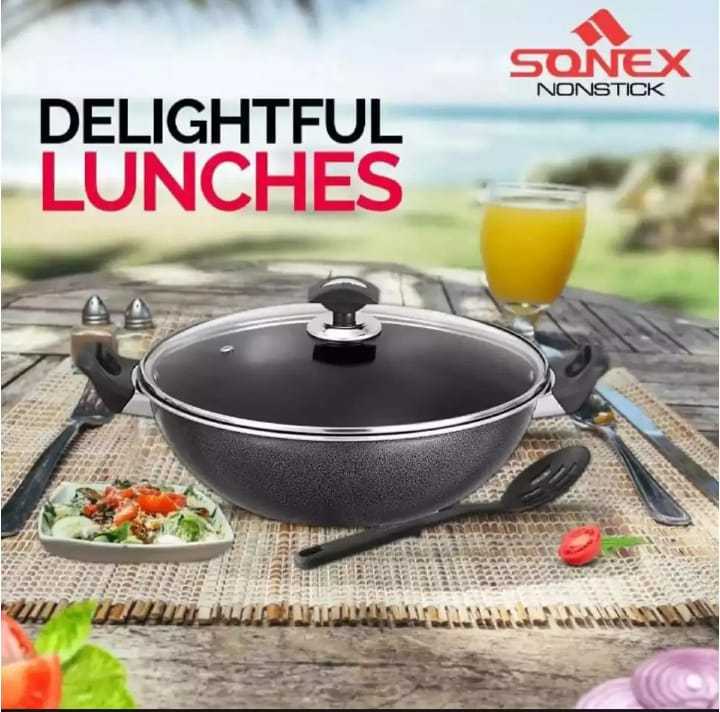 SONEX Non Stick Karahi Cooking Wok with Glass Lid 27cm 30cm 32cm 36cm Heavy Quality Casserole ...