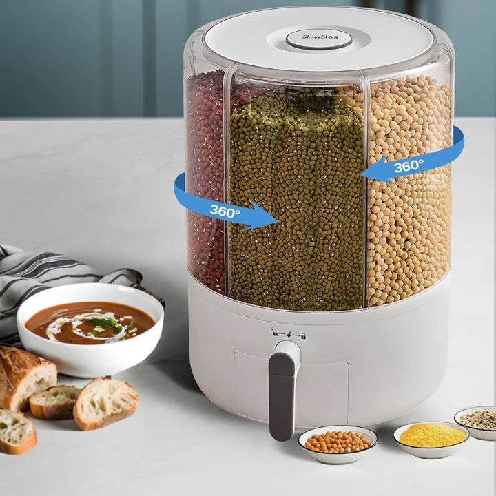 Grain Dispenser, 360° Rotating Upgrade 6 Compartment Rotating, Airtight ...