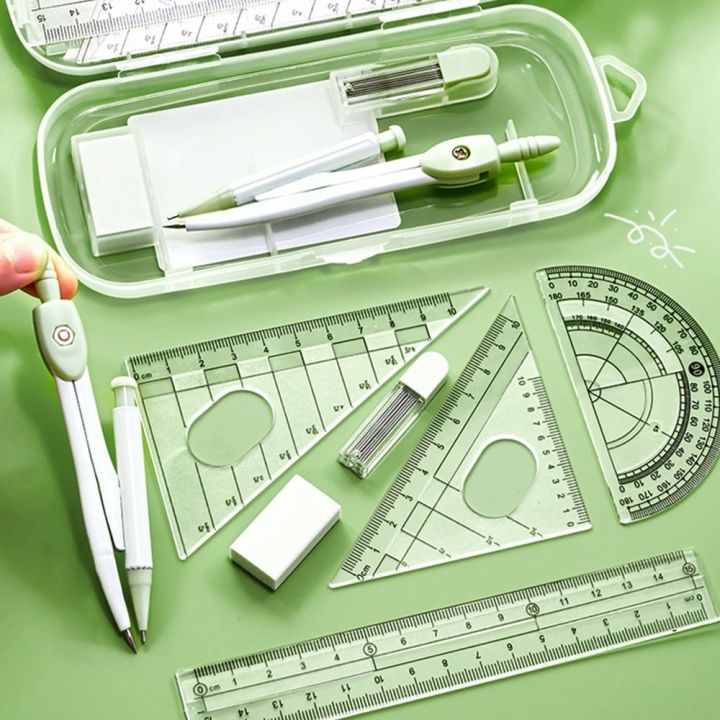8PCS/Set Multi-Function Plastic Ruler Compasses Set Transparent Eraser ...