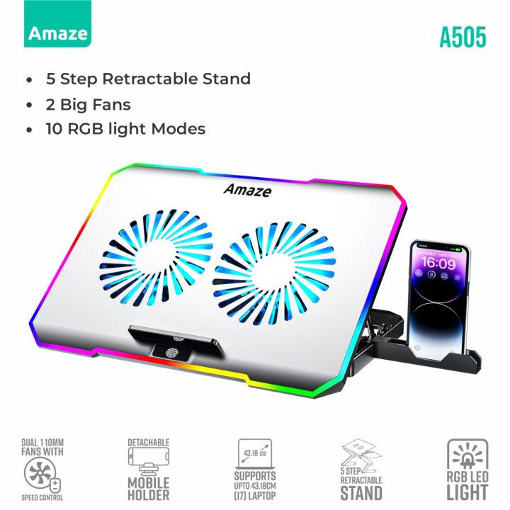 Amaze A505 Laptop Dual fans RGB Cooling Stand with Phone Holder 10 RGB Light modes | Daraz.pk