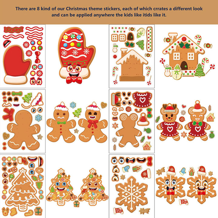 6/8Sheets Cute Christmas Puzzle Stickers Make A Face Gingerbread Man ...