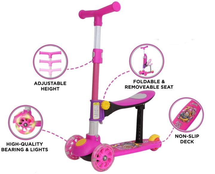3 Wheel Scooty For Kids LED Light-Up Scooty Foldable Adjustable Handle ...