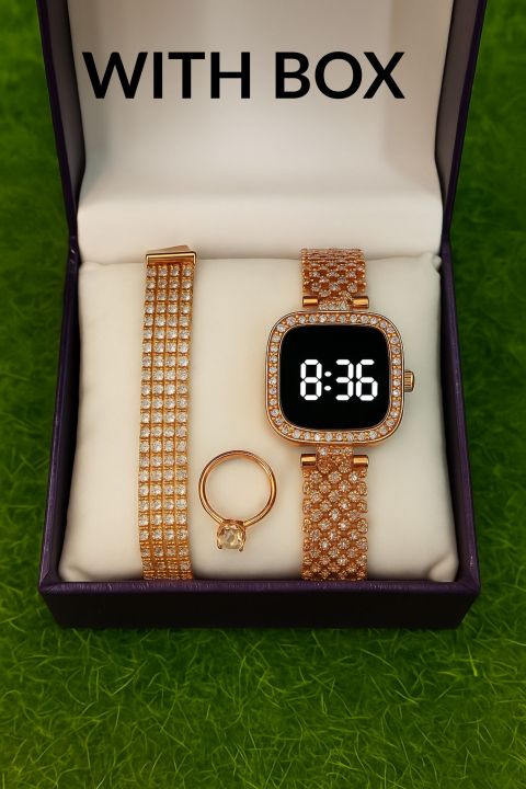 3Pcs Tuch Watch for Girls Stylish LED Display | Golden Chain Watch with ...