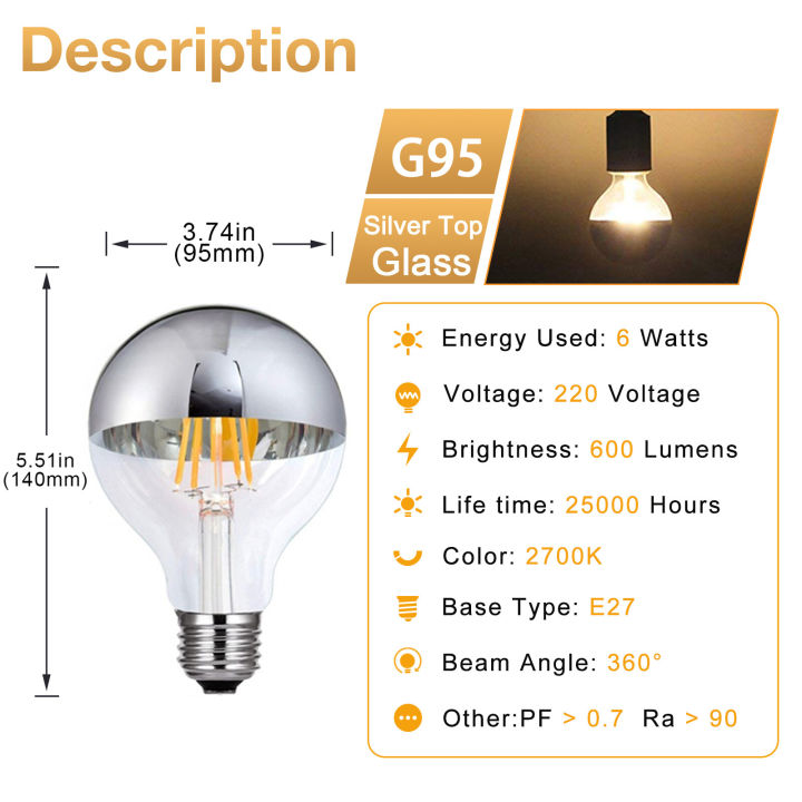 【BestGO】Creative E14 E27 Silver Chrome LED Edison Bulb G45 G95 4W 6W Dimmable Filament Bulb ...