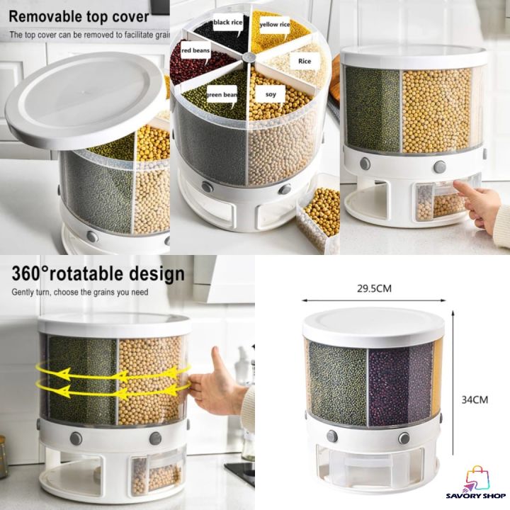 Food Dispenser 6-Grid Rotating Rice Storage Container, Rice Bucket with ...