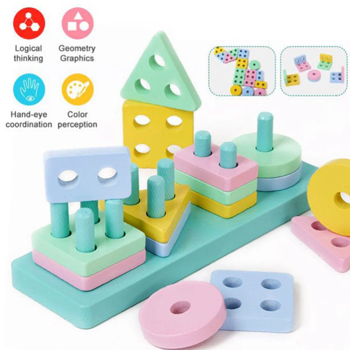 Education Colour Toys Intelligence Geometry Set Column Wooden Four Column Shape Sorter Stacking ...