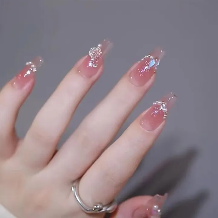 GL007 Medium Length Acrylic Fake Nails with Pearl & Diamond Decorations ...