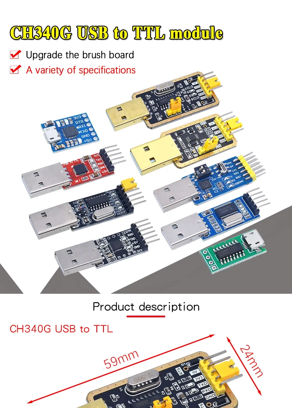 CH340 module USB to TTL CH340G upgrade download a small wire brush plate STC microcontroller ...