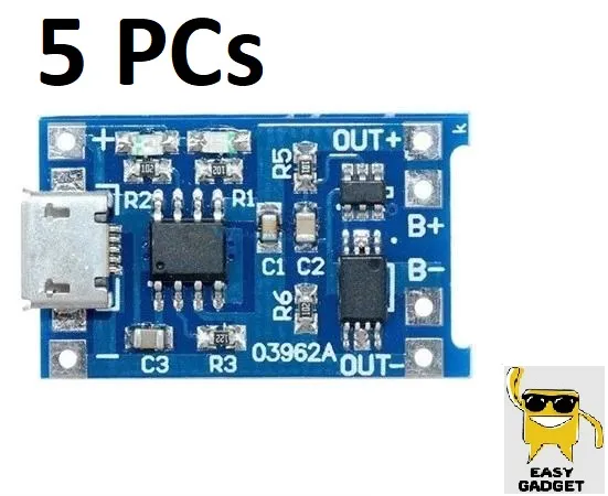 5PCs TP 4056 Charging Module | 1A 18650 Lithium battery Charger Module Micro USB | TP4056 IC ...