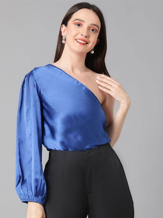 Blue One Shoulder Puff Sleeves Satin Top For Women. AF-056 | Daraz.pk
