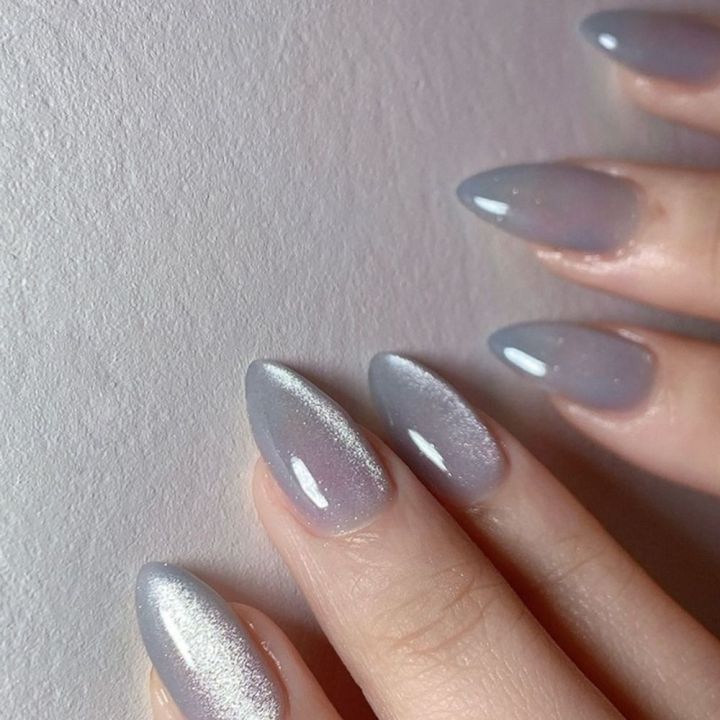 Manicure Long Oval False Nails Grey Cat Eye French Fake Nials Pure ...