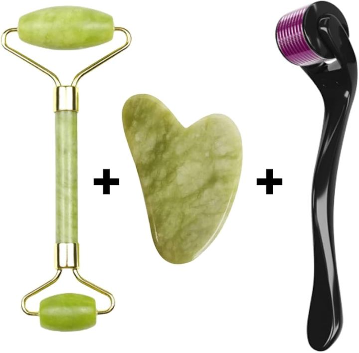 Jade & Derma Roller Gua Sha Board Massager Original 3 In 1 Facial Tool ...