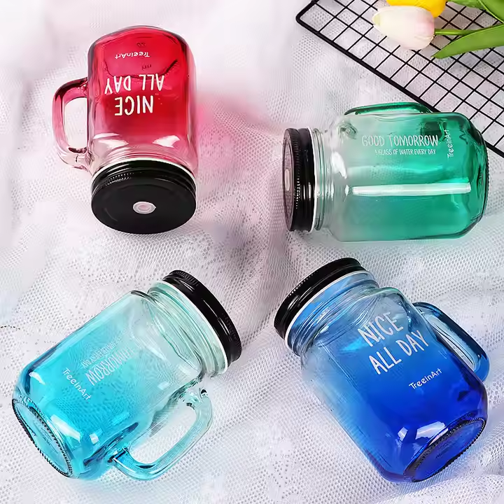 Juice Glass with straw Masson Jar, Bubbel Round Ribbed Glass Mug ...