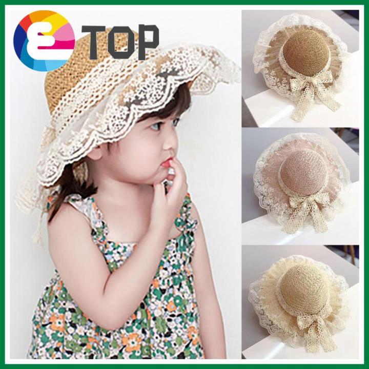【ETOP】 Girls Summer Flowers Bow Straw Hat Children's Beach Cap Wide ...