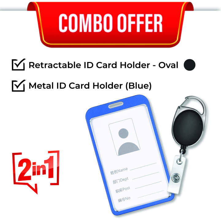 2-in-1 Oval Retractable ID Card Holder with Blue Metal ID Card Cover ...