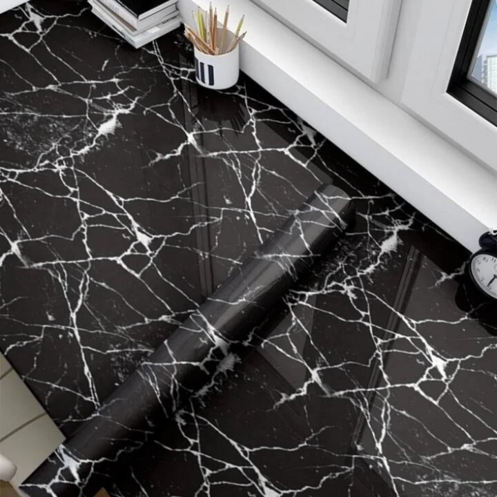 Self Adhesive Black / White Marble Sheet for Kitchen - Anti Oil and ...