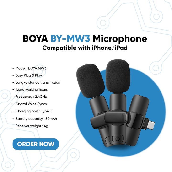 100% Original BOYA BY-MW3 Wireless Lavalier Portable Microphone With Dual Mics & 2 Connectors ...