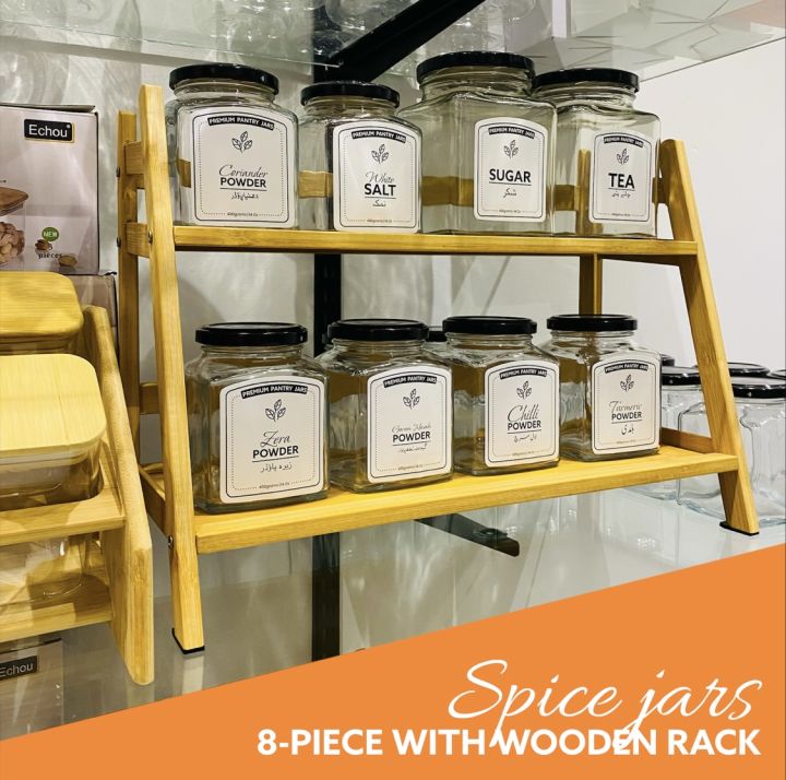 Kitchen Spice jars with labels 400ml Square Glass Jars , Storage Jars ...