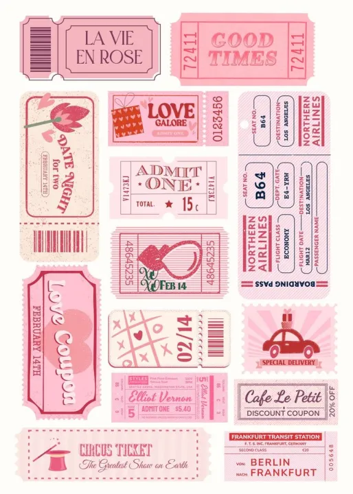 Pack of 14 Pink Aesthetic Tickets Stickers for Journaling, scrapbooking ...