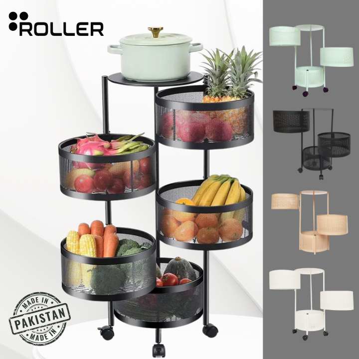 Kitchen Storage Rotating Rack in Black- Premium Round Metal Trolley ...
