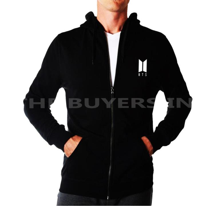 Trendy Bts Logo Zipper Hoodie Black Fleece Pull Over Hood Kangaroo ...