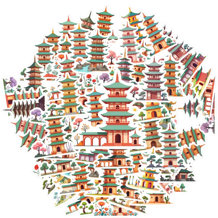 Detailed Architecture Stickers historic Oriental Decals colorful mini ...