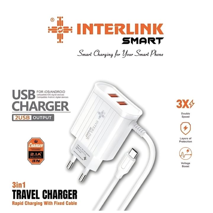 Interlink Smart Charger 3in1 – 2.1A Fast Charging Adapter with Cable – Interlink Fast Charger ...