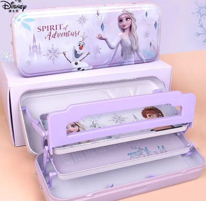 Disney Stationery Box Tinplate Cartoon Three-Layer Pencil Case Frozen ...
