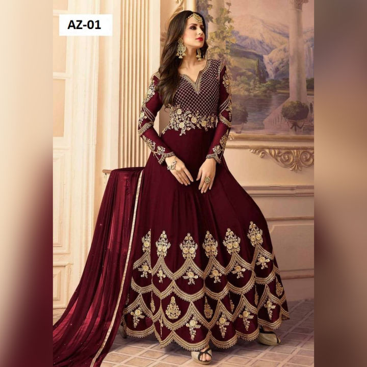 Maroon Embroidered frock Unstitched AZ 01 | Daraz.pk